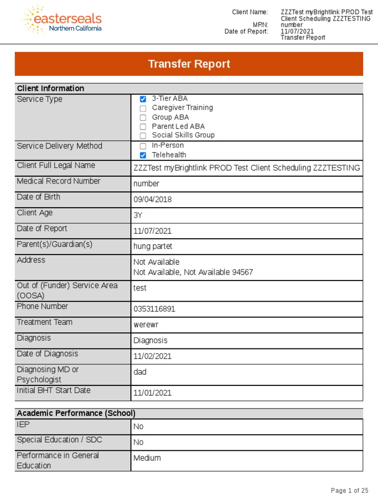 Transfer Report: Client Information | PDF | Reinforcement | Caregiver