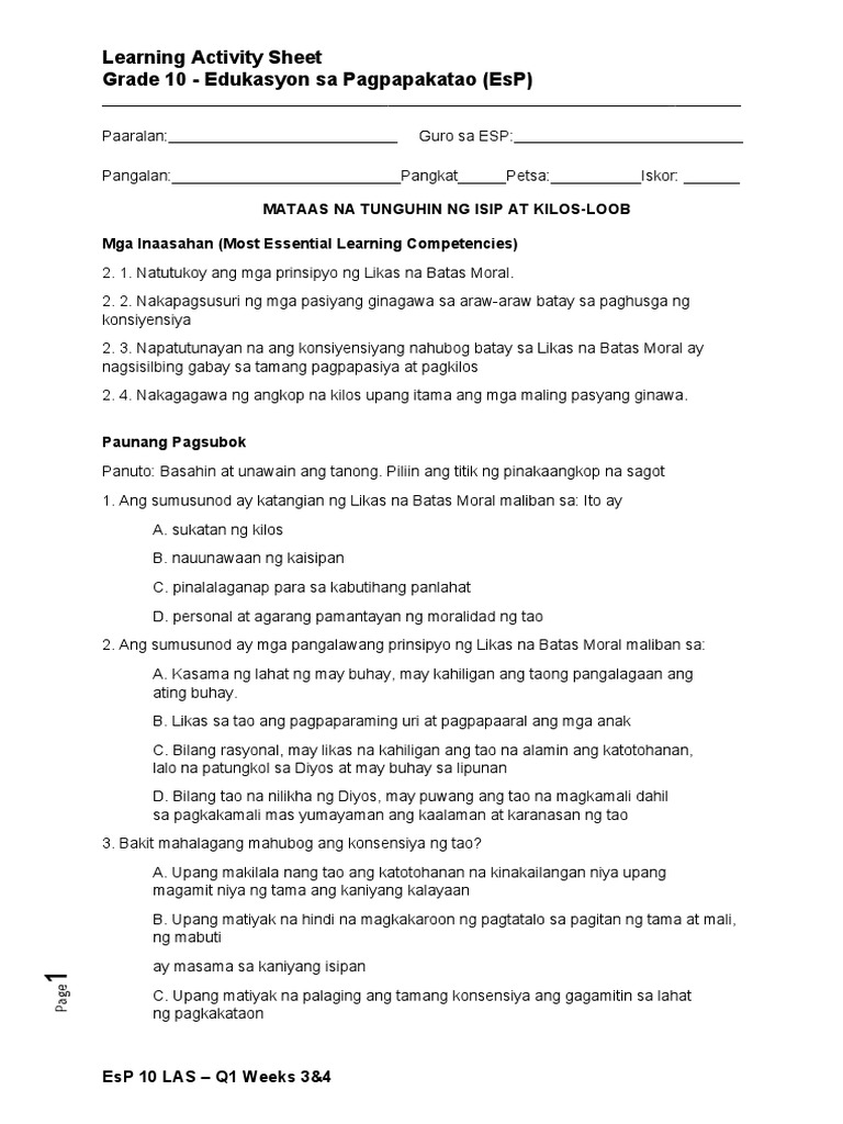 EsP 10 LAS Q1 Weeks 3 4 | PDF