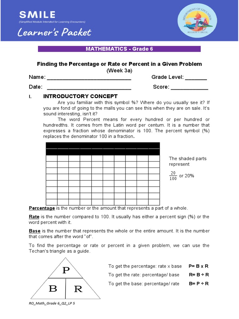 Finding The Percentage or Rate or Percent in A Given Problem | PDF ...
