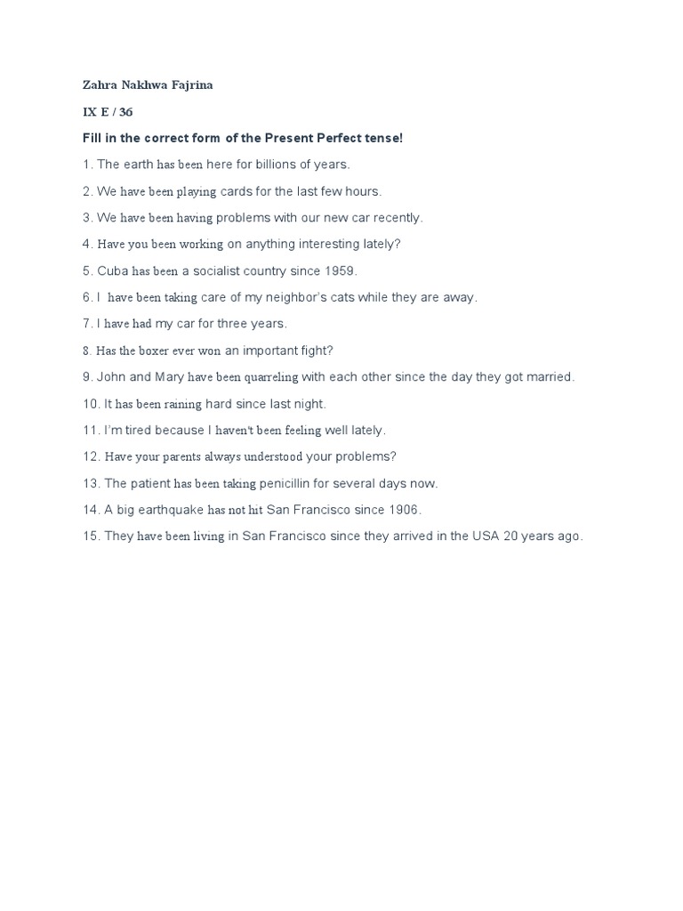 Exercise of Present Perfect Tense | PDF