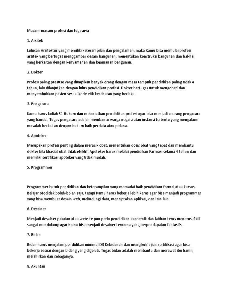Macam Macam Profesi Dan Tugasnya | PDF