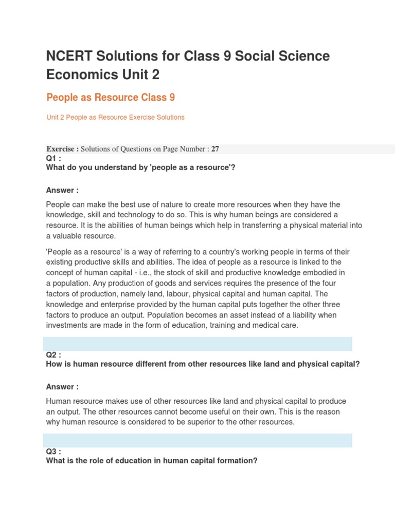 NCERT Solutions For Class 9 Social Science Economics Unit 2: People As ...