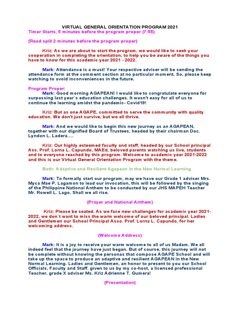 VIRTUAL GENERAL ORIENTATION PROGRAM 2021 - Host Script | PDF | Career ...