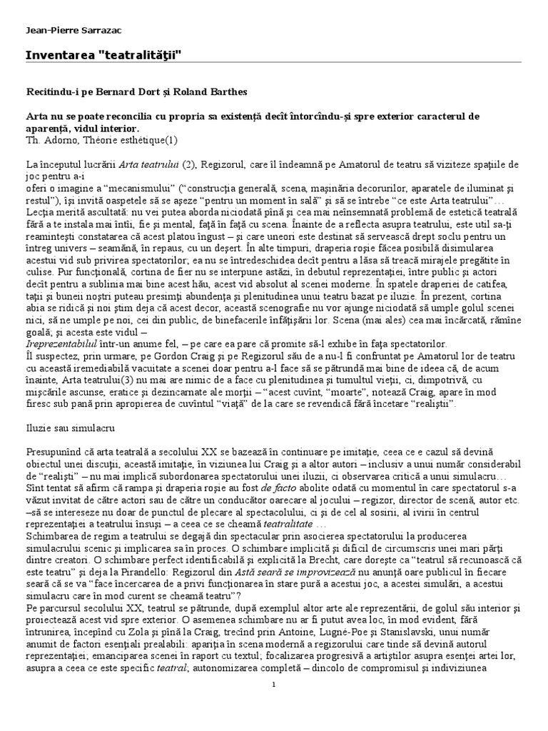 Sarrazac, Jean-Pierre - Inventarea Teatralitatii | PDF