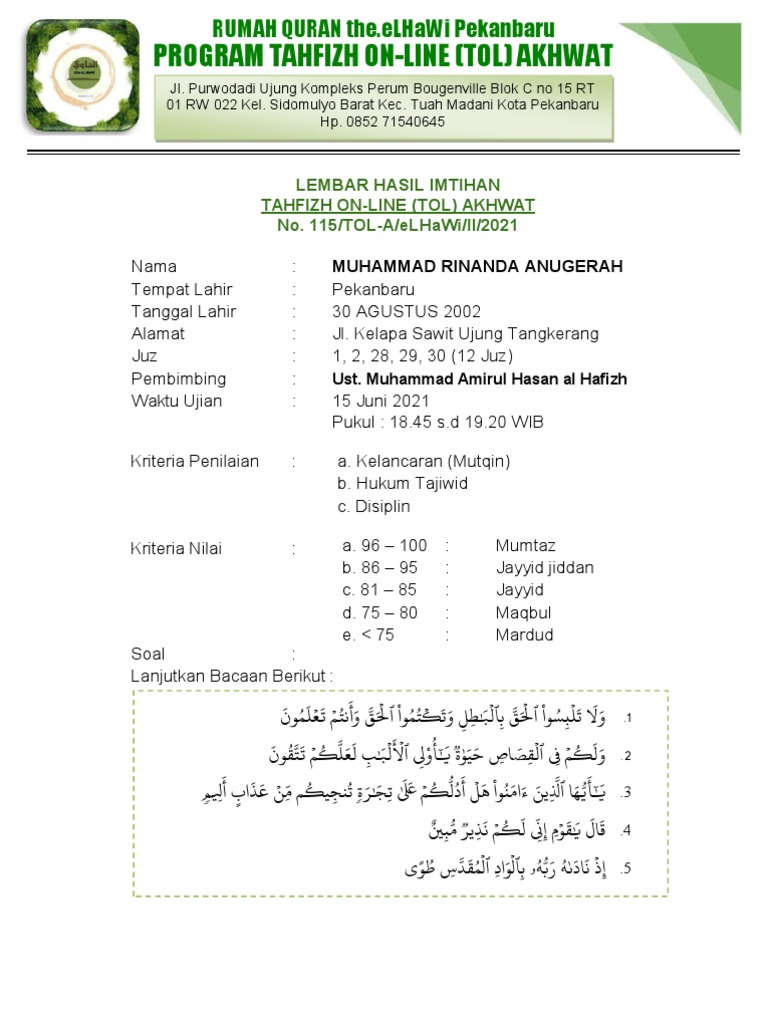 115a. Sertifikat Tahfizh-M. Rinanda Anugerah. | PDF