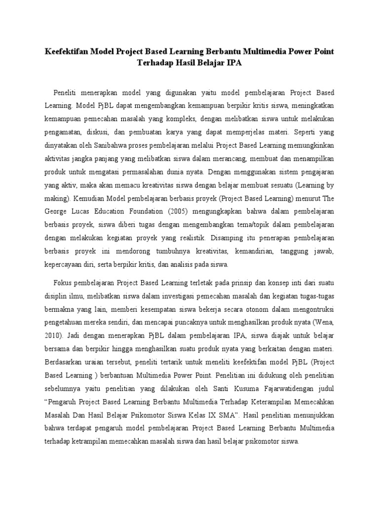 Keefektifan Model Project Based Learning Berbantu Multimedia Power Point Terhadap Hasil Belajar ...