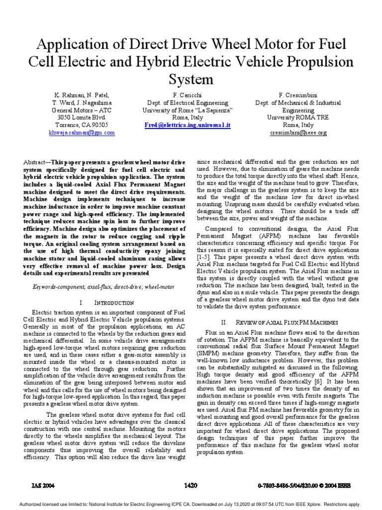 Application of Direct Drive Wheel Motor For Fuel Cell Electric and ...