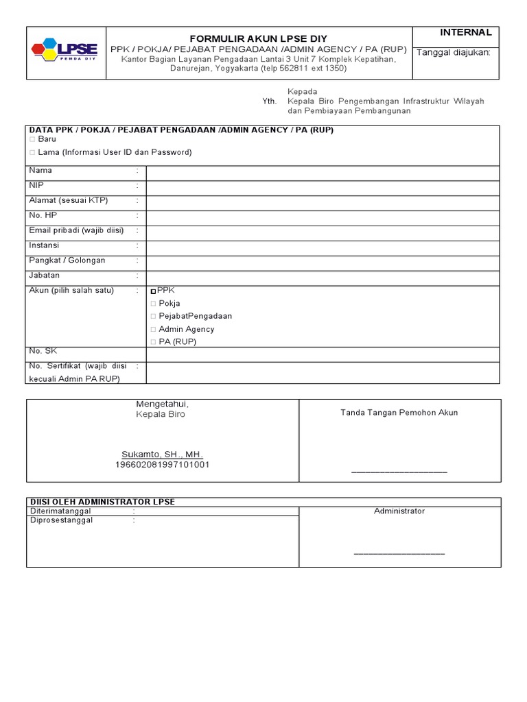 FORM PEMBUATAN Atau RESET AKUN LPSE DIY | PDF