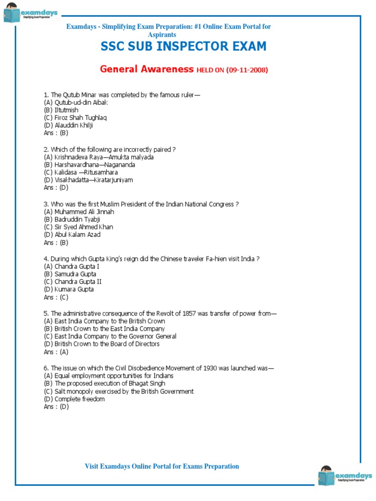 SSC Sub Inspector Exam: General Awareness | PDF | Blood | Money