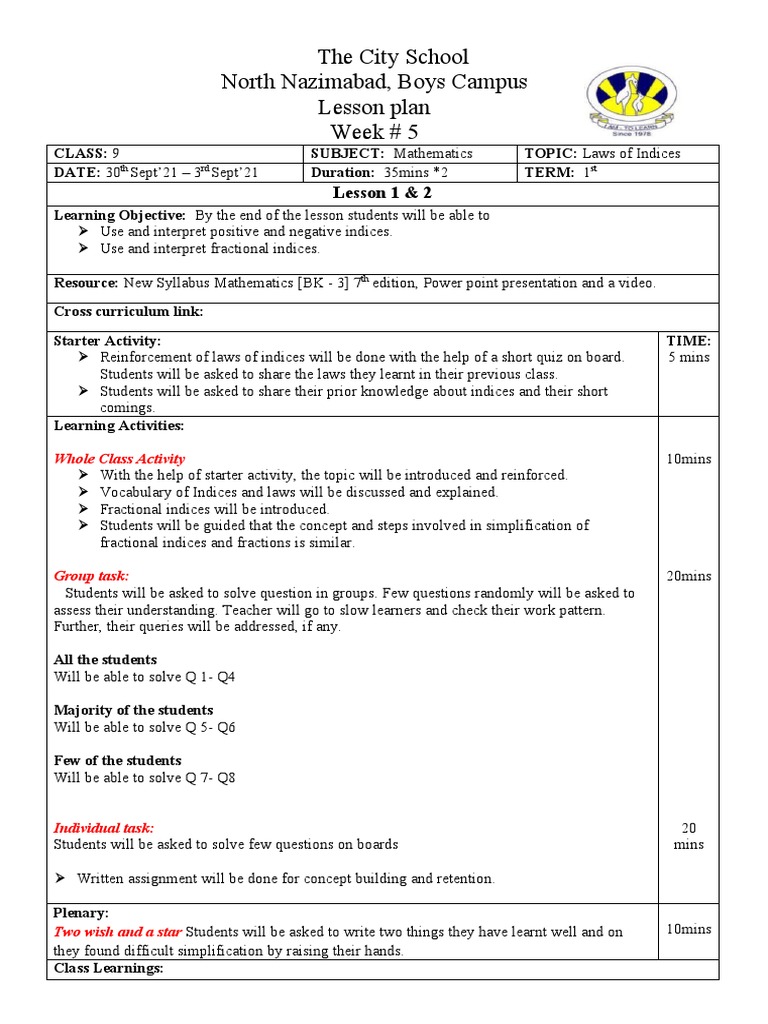 Week # 5, Laws of Indices | PDF | Curriculum | Lesson Plan
