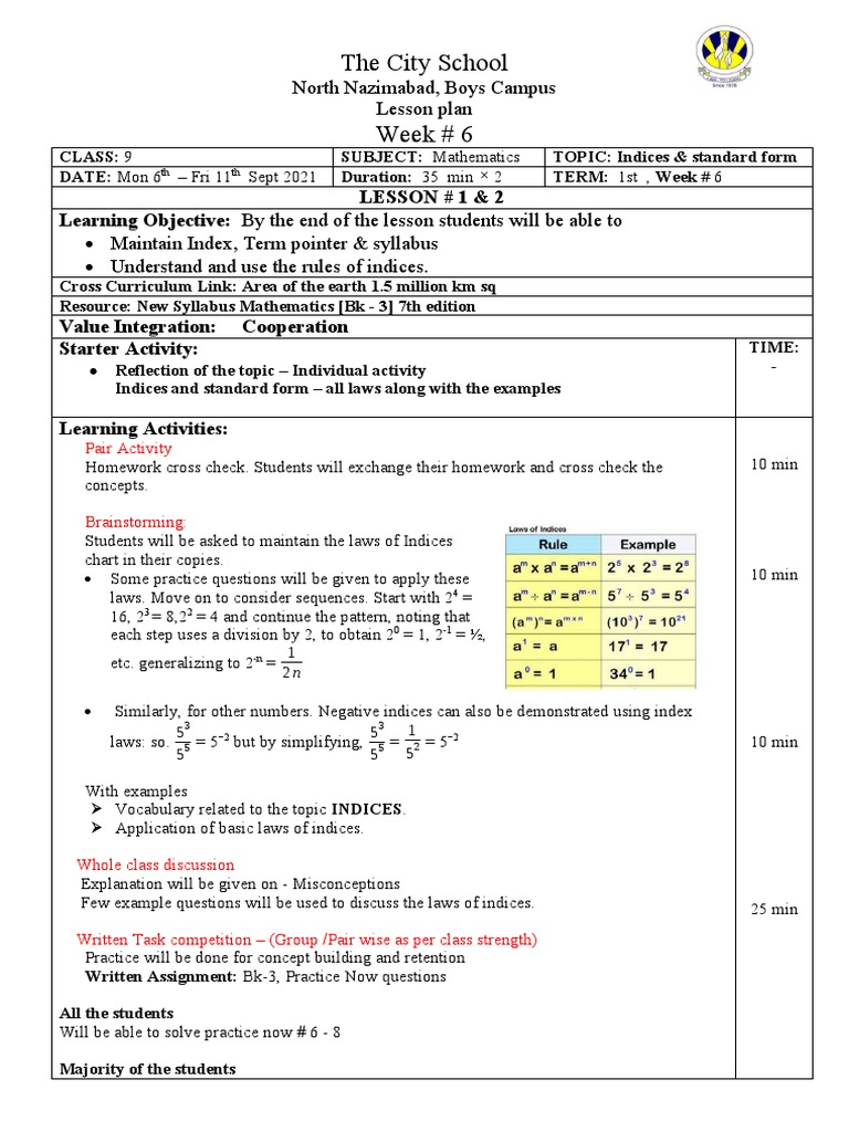 Week # 6, Laws of Indices | PDF | Trigonometric Functions | Lesson Plan