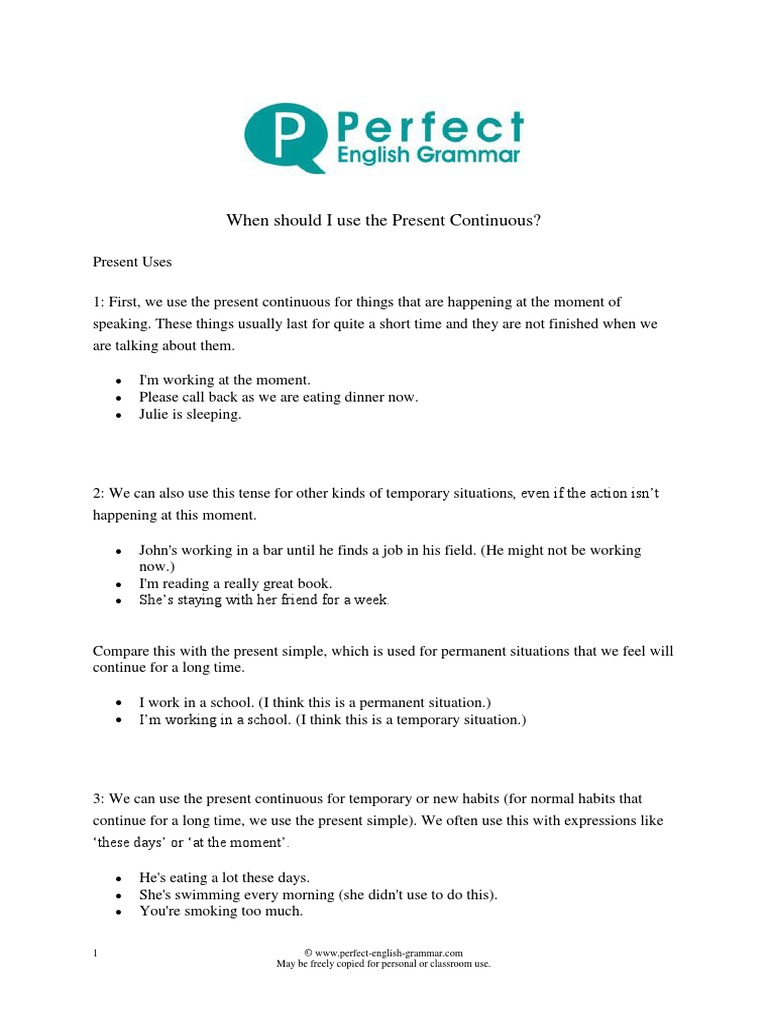 Present Continuous Use | PDF