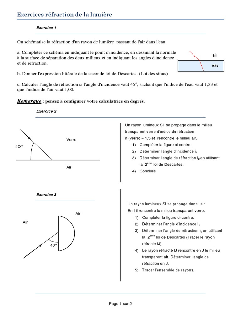 Exercices Refraction | PDF | Réfraction | Indice de réfraction