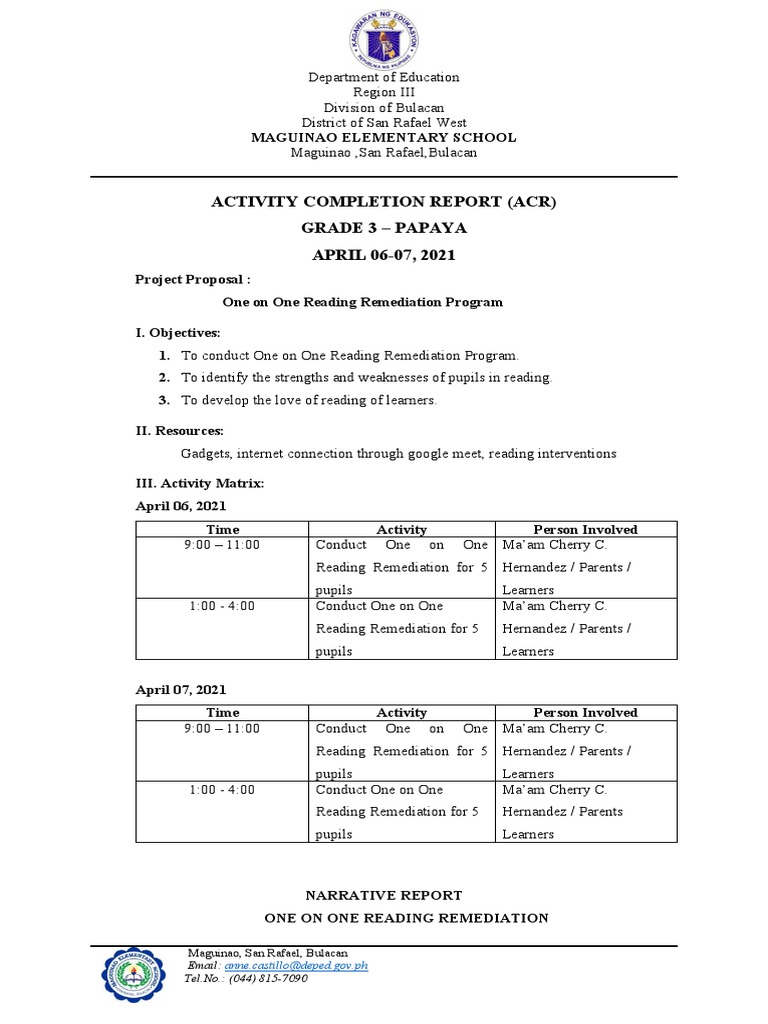 Activity Completion Report (Acr) Grade 3 - Papaya APRIL 06-07, 2021 ...