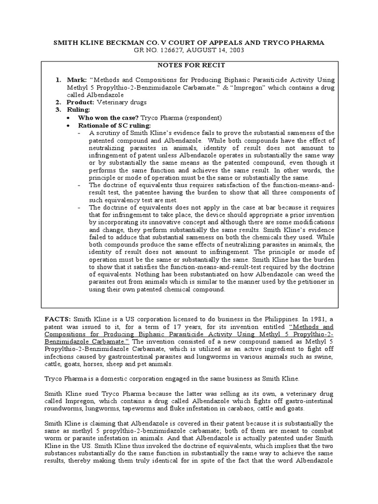 Smith Kline Beckman Co. V Court of Appeals and Tryco Pharma | Download ...