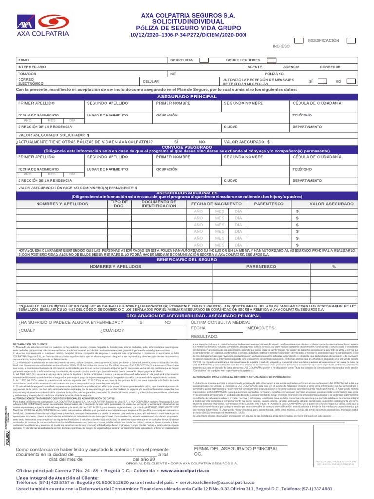 Formato de Seguro Colpatria para Clientes | PDF | Póliza de seguros ...