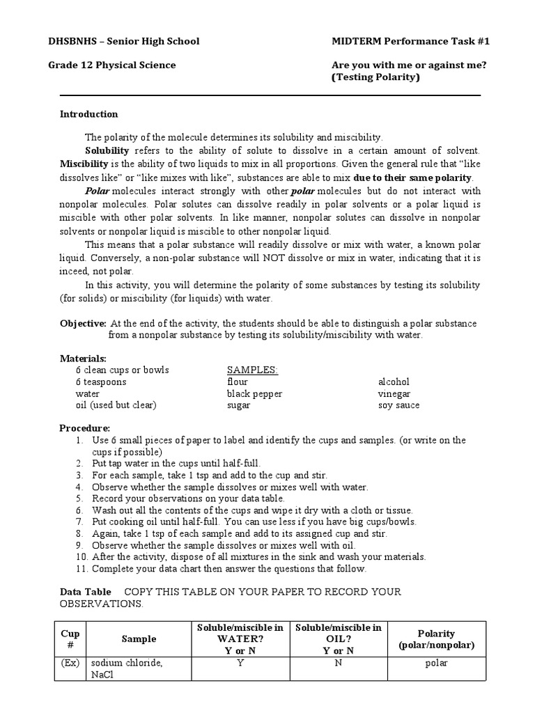 PT1 Kitchen Lab Polarity | PDF | Solubility | Solution