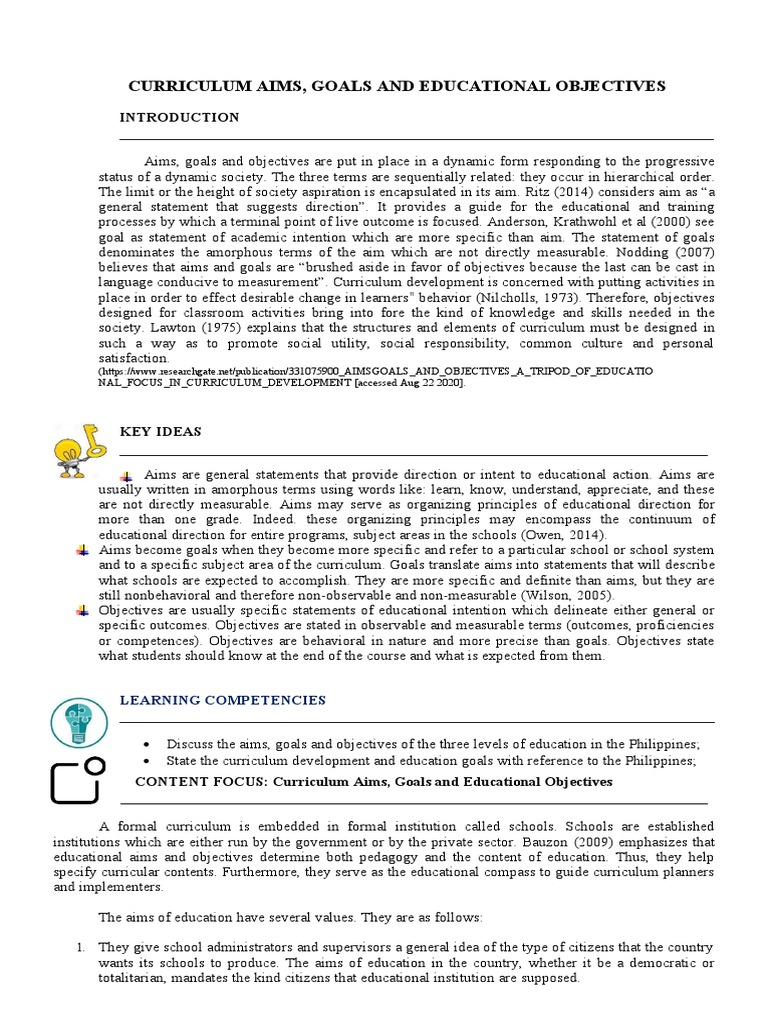 Curriculum Aims, Goals and Educational Objectives: Learning ...