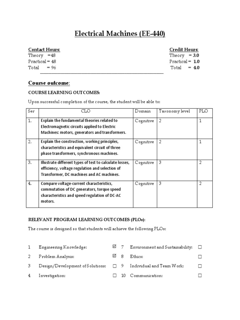 Electrical Machines OBE, Clo Plo. | PDF | Electric Motor | Power (Physics)