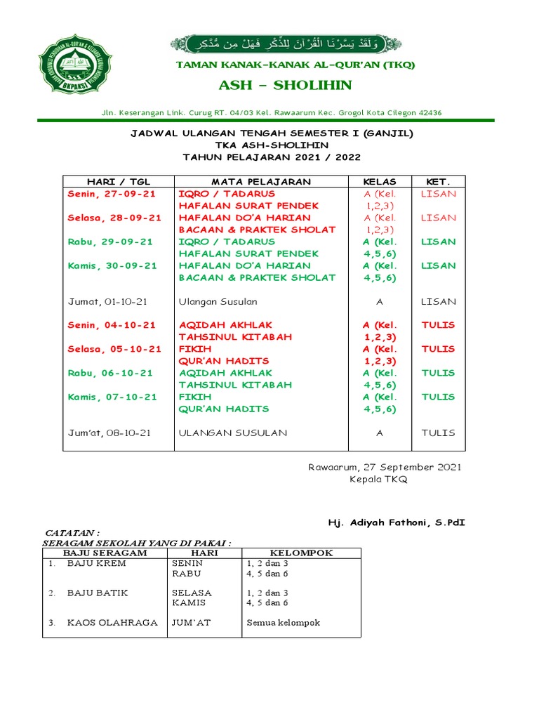 Jadwal Ulangan TKQ Level A | PDF