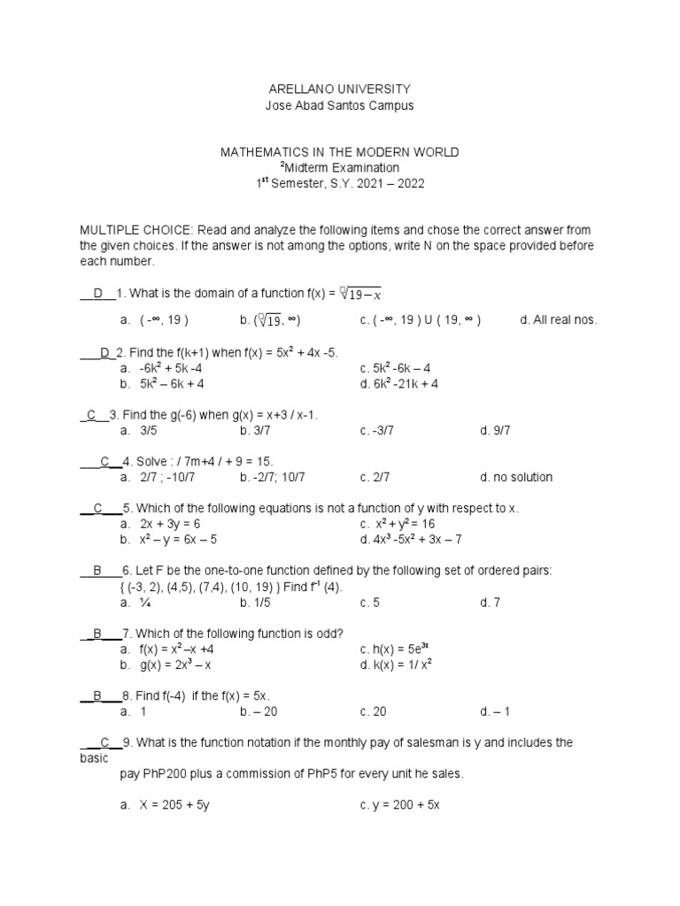MAth in The Modern World Midterm Exam | PDF | Function (Mathematics ... MAth in The Modern World Midterm Exam | PDF | Function (Mathematics ...