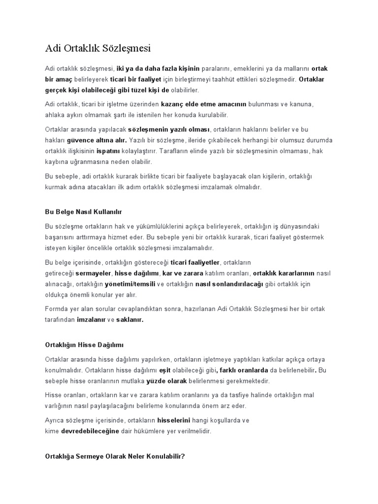 Adi Ortaklık Sözleşmesi | PDF