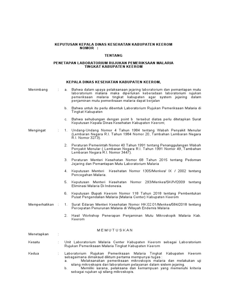 SK Laboratorium Rujukan Malaria | PDF