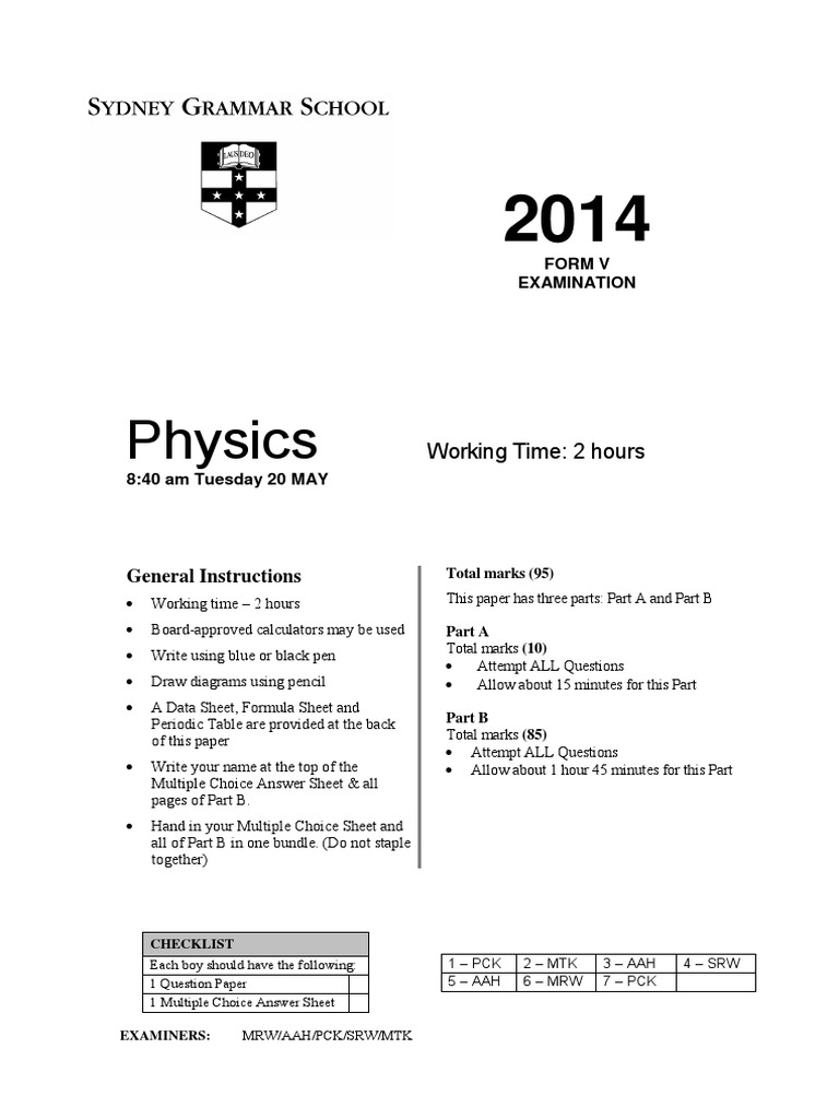 Sydney Grammar 2014 Physics Prelim HY & Solutions | PDF | Force | Collision