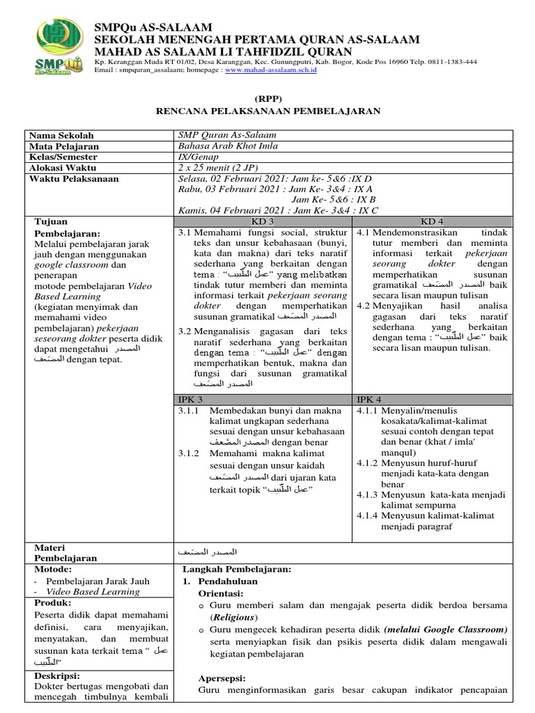 RPP Arab Fiil Amr Kelas Ix 2020 2021 Pertemuan 6 | PDF | Karier & Perkembangan