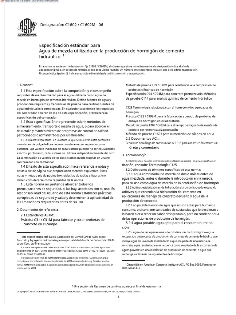 Astm C1602 2006 Esp | PDF | Hormigón | Agua