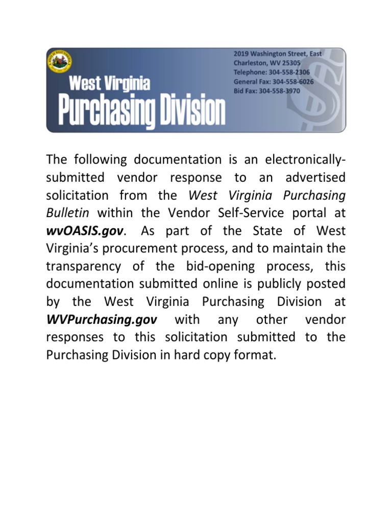 Bulletin Within The Vendor Self Service Portal At: Wvoasis - Gov. As Part of The State of West ...
