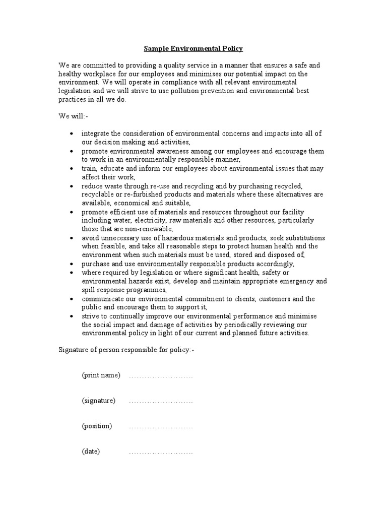 Sample Company Environmental Policy | PDF