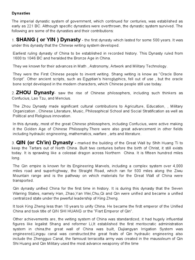 Brief History of China Part 2 Dynasties | PDF | China | World Politics