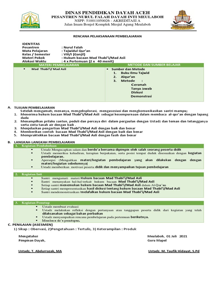 RPP Pel. Tajwid KelasVIII | PDF