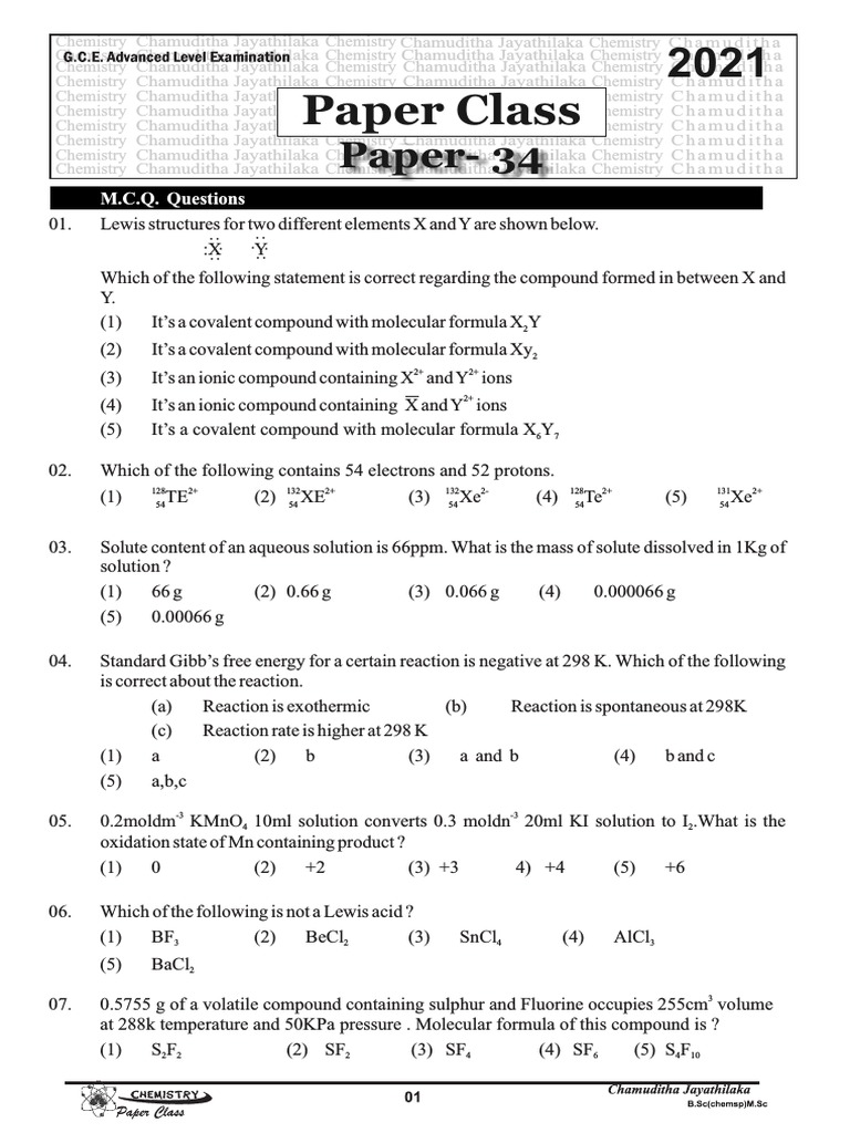 Paper Class 2021AL Tute 34 A3 Ds | PDF | Chemistry | Chemical Compounds