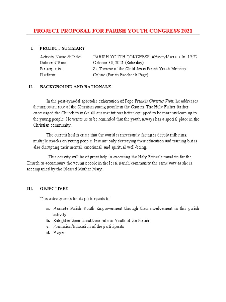 Project Proposal For Parish Youth Congress 2021 | PDF | Catholic Church