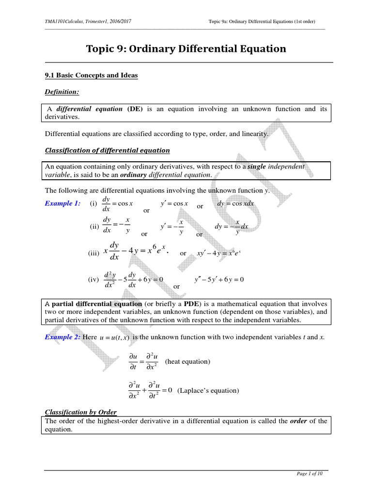 Topic 9: Ordinary Differential Equation: 9.1 Basic Concepts and Ideas ...