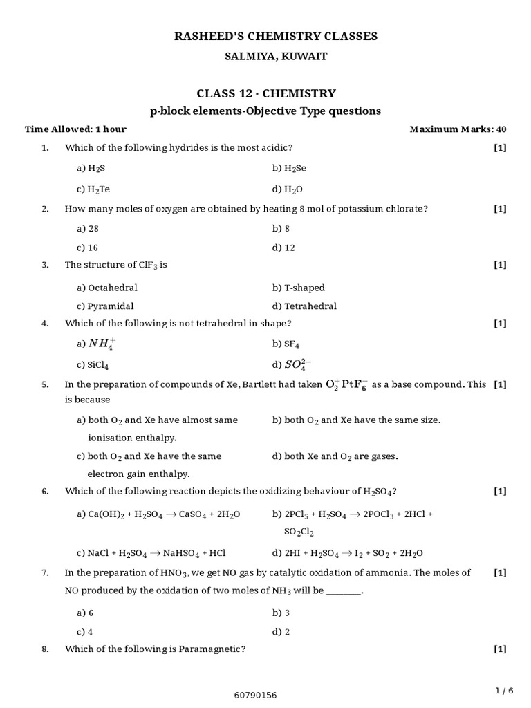 P Block-Objective Questions | PDF | Chlorine | Iodine