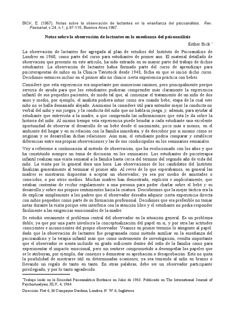 Esther Bick - Notas Sobre La Observación de Lactantes | PDF ...