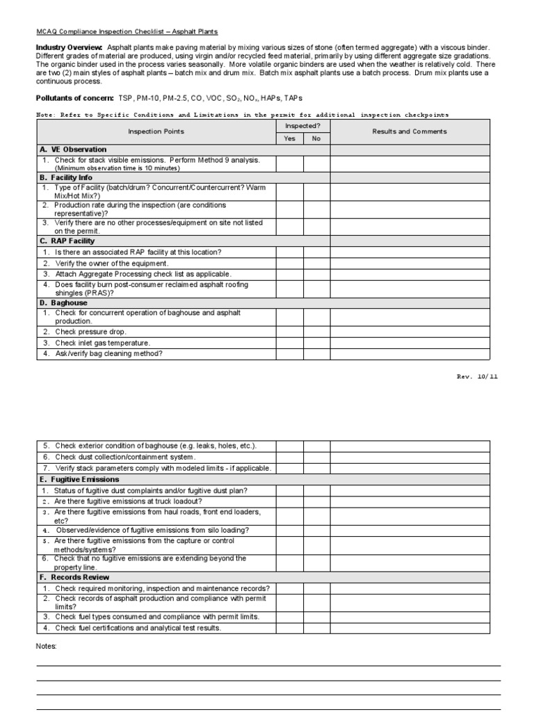 MCAQ Compliance Inspection Checklist - Asphalt Plants | PDF | Asphalt ...