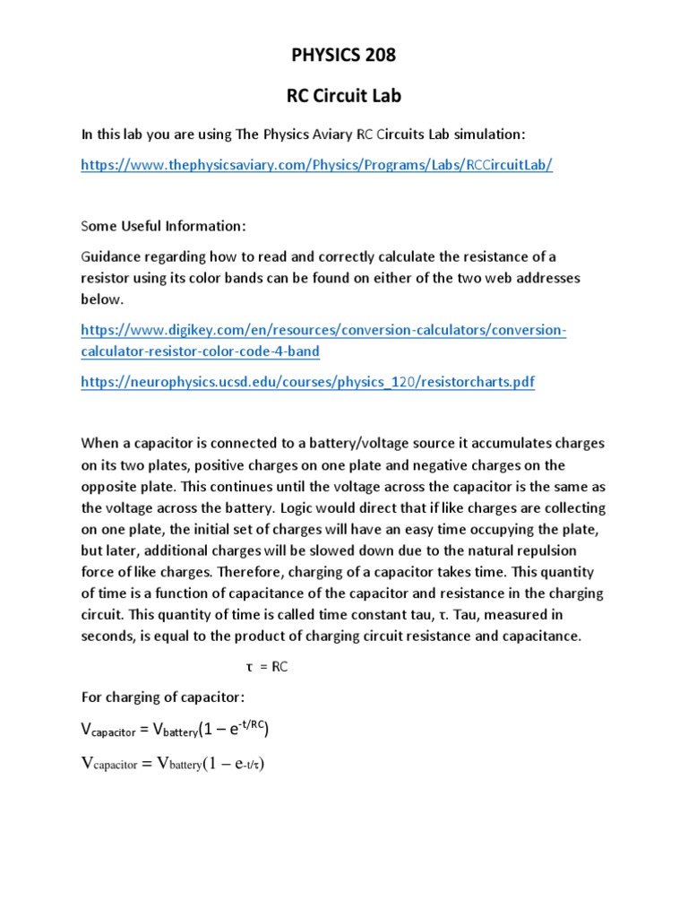 Physics 208 RC Circuit Lab: V V (1 - E) V V (1 - E) | PDF | Capacitor ...