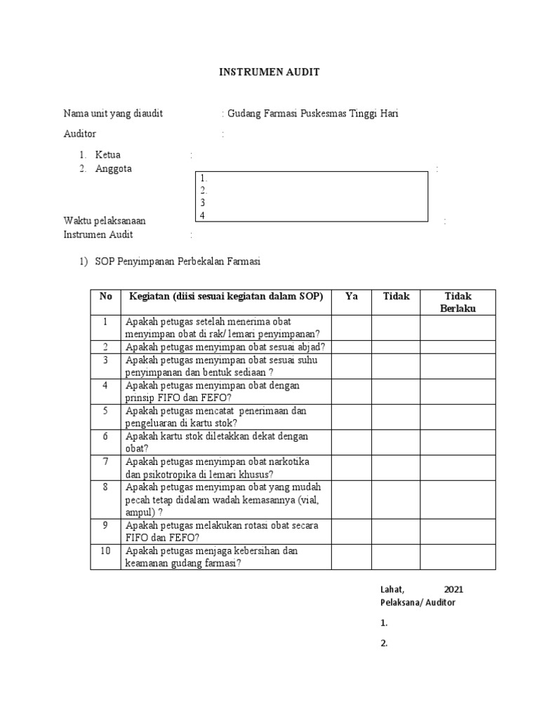 Contoh Instrumen Audit Gudang Farmasi | PDF