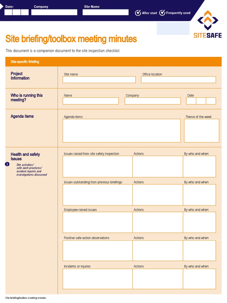 Site Briefing/toolbox Meeting Minutes: Project Information | PDF ...