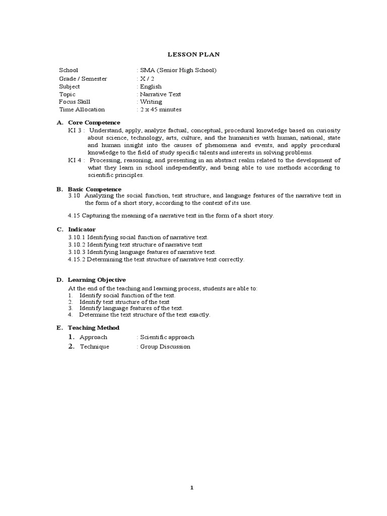Narrative Text Lesson Plan for SMA | PDF | Narrative | Teachers