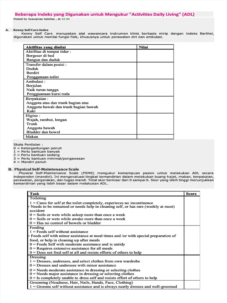 Beberapa Indeks Yang Digunakan Untuk Mengukur "Activities Daily Living ...