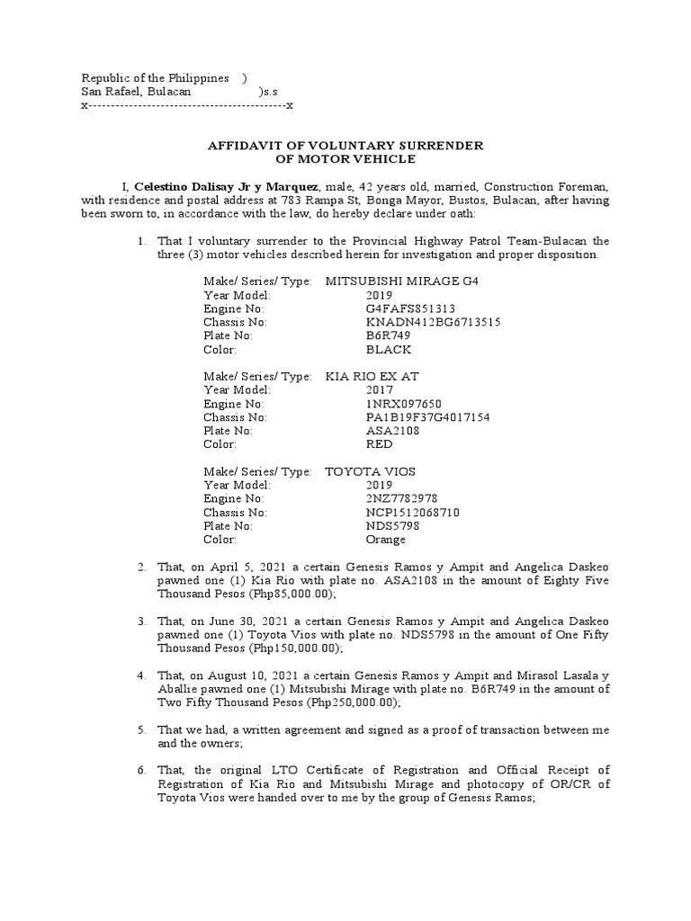 Affidavit of Voluntary Surrender | PDF | Affidavit | Motor Vehicle
