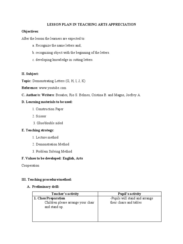 Lesson Plan in Teaching Arts Appreciation | PDF | Teachers | Lesson Plan