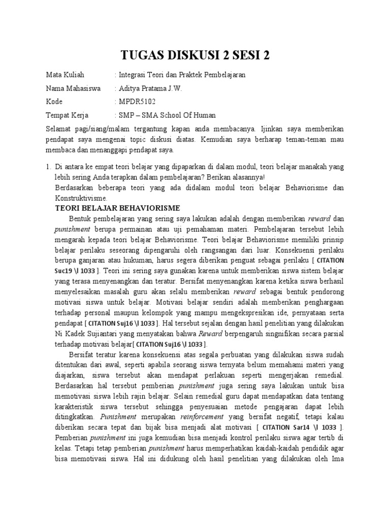 TUGAS DISKUSI 2 SESI 2 - Integrasi Teori Dan Praktek Pembelajaran | PDF TUGAS DISKUSI 2 SESI 2 - Integrasi Teori Dan Praktek Pembelajaran | PDF