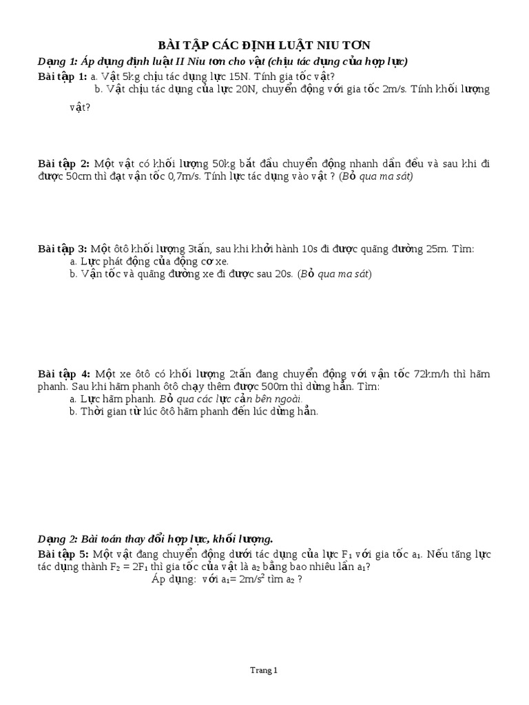 Bai Tap Cac Dinh Luat Niu Ton (PDF - Io) | PDF