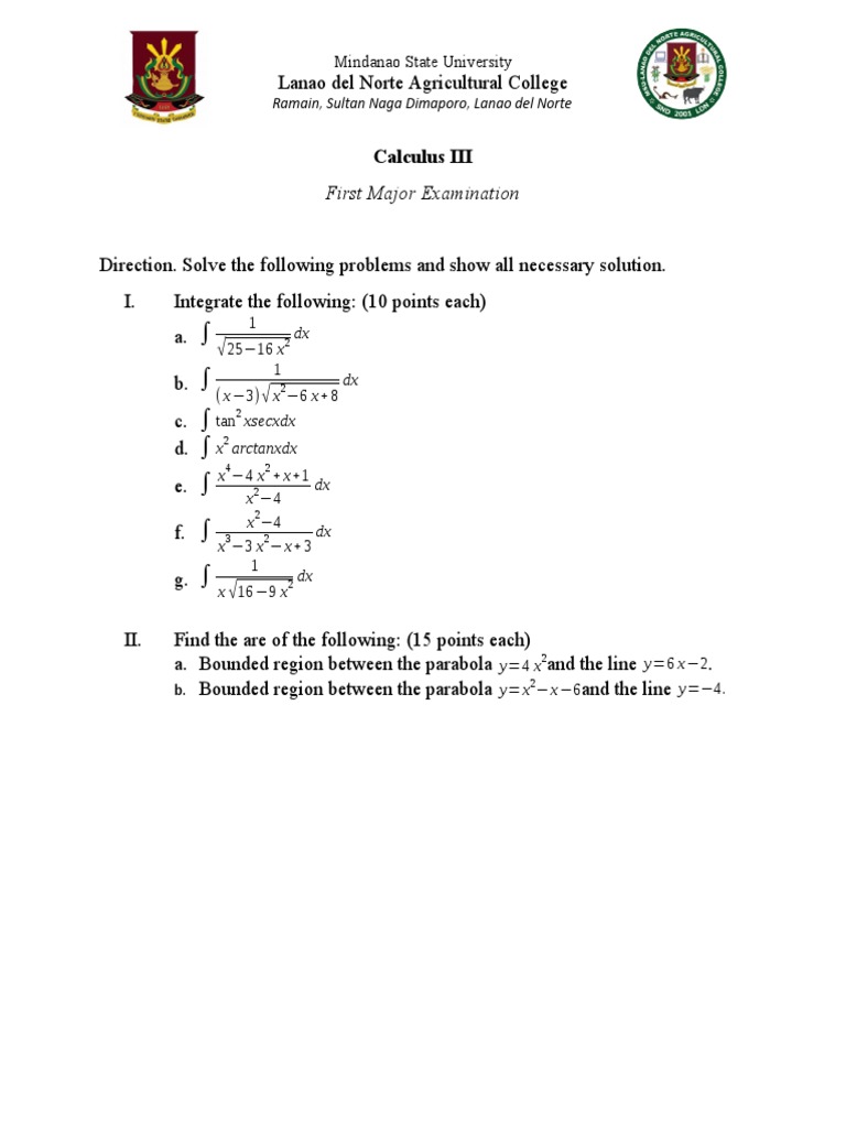 Calculus III Exam: Integration & Area Problems | PDF